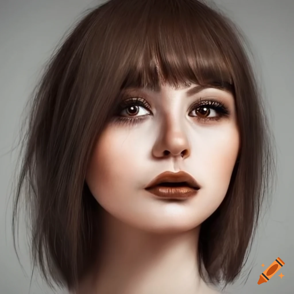 A portrait of a young woman with dark brown bob, long oval face, narrow ...