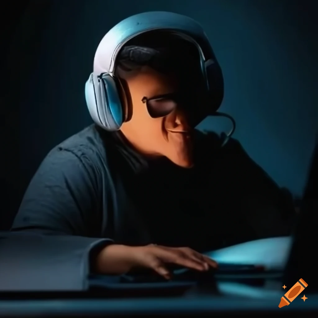A duck typing and looking at a pc with headphones on