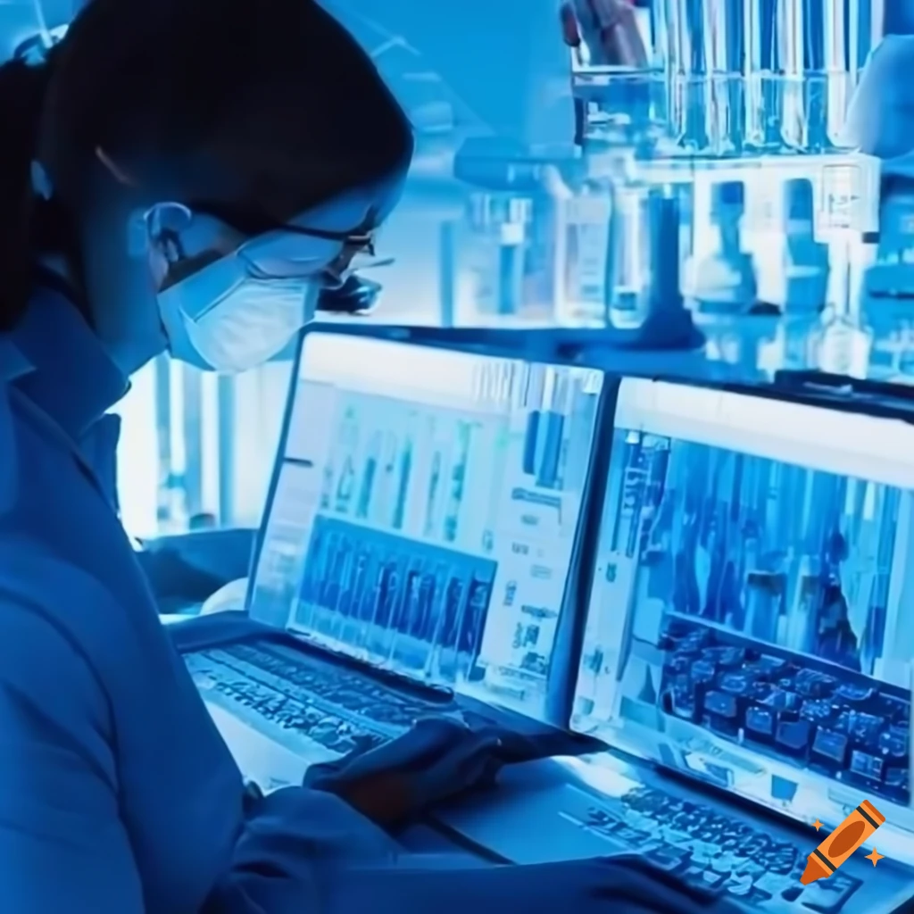 People using computers in a blue and white laboratory