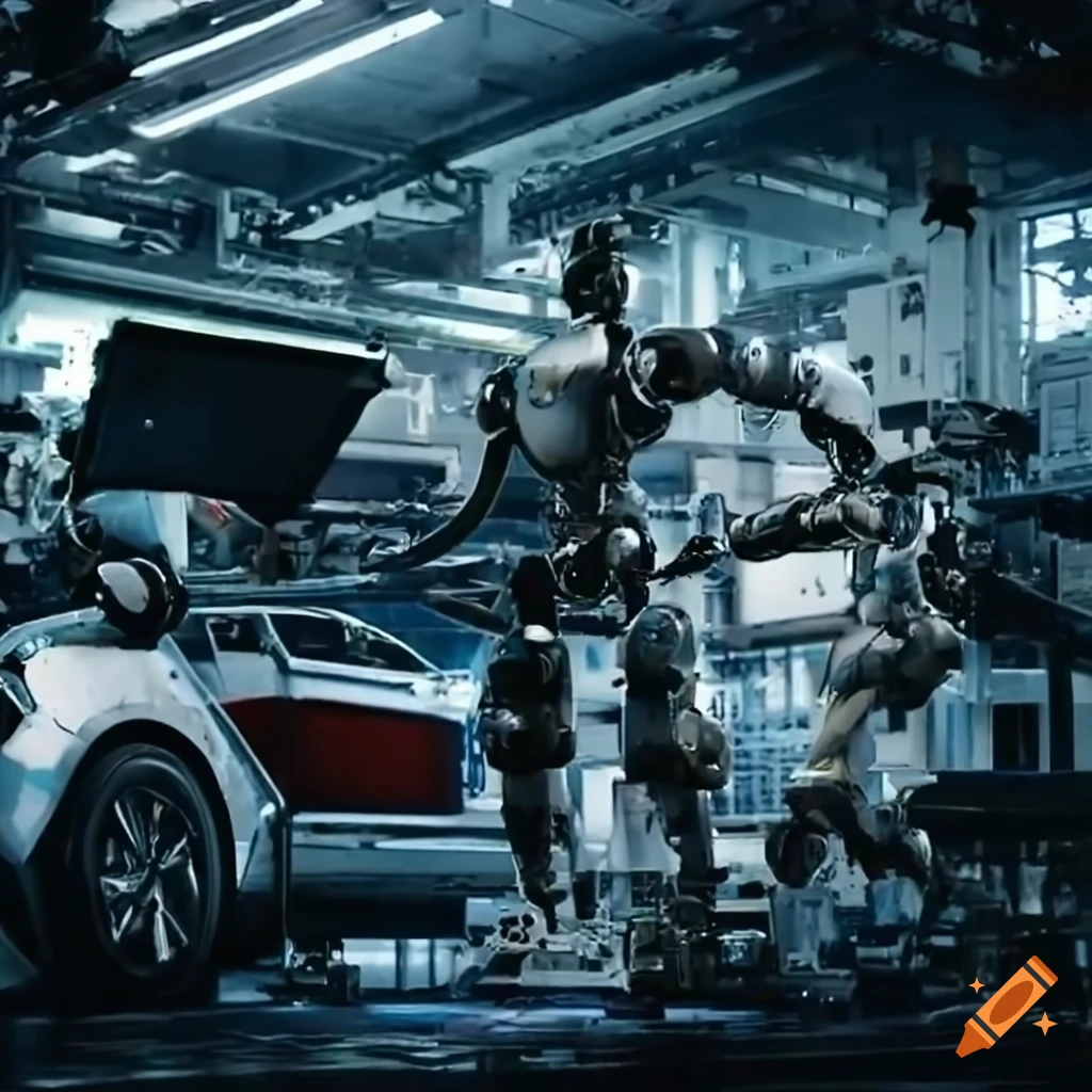 Car factory with robot workers on Craiyon