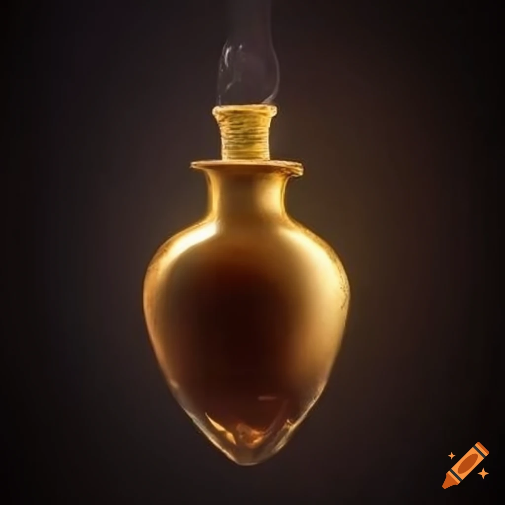 An alchemist's mysterious potion in a golden flacon, floating on a ...