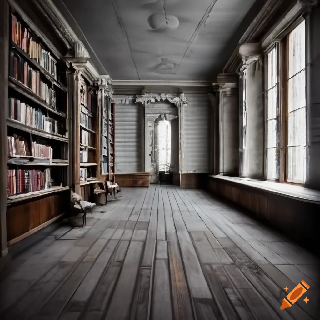 Uneven ceiling. grey walls. natural motives. empty. library. empty ...