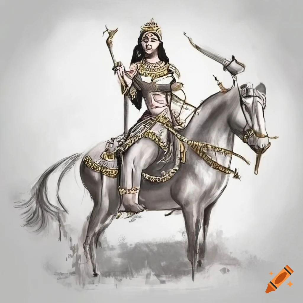 Sketch of rani sitting on a horse with a sword in hand on Craiyon