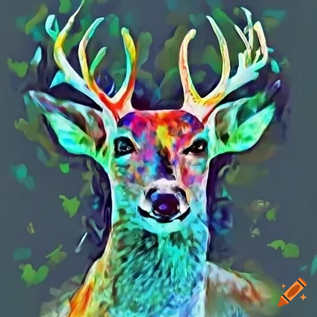 Painting of a deer with a colorful head and antlers