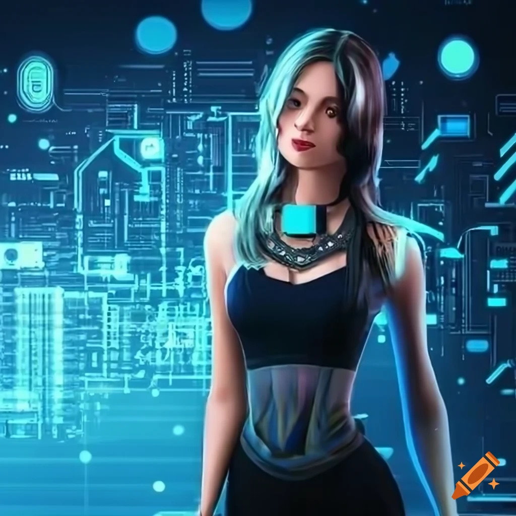 Cute feminine ai woman standing in cyberworld on Craiyon