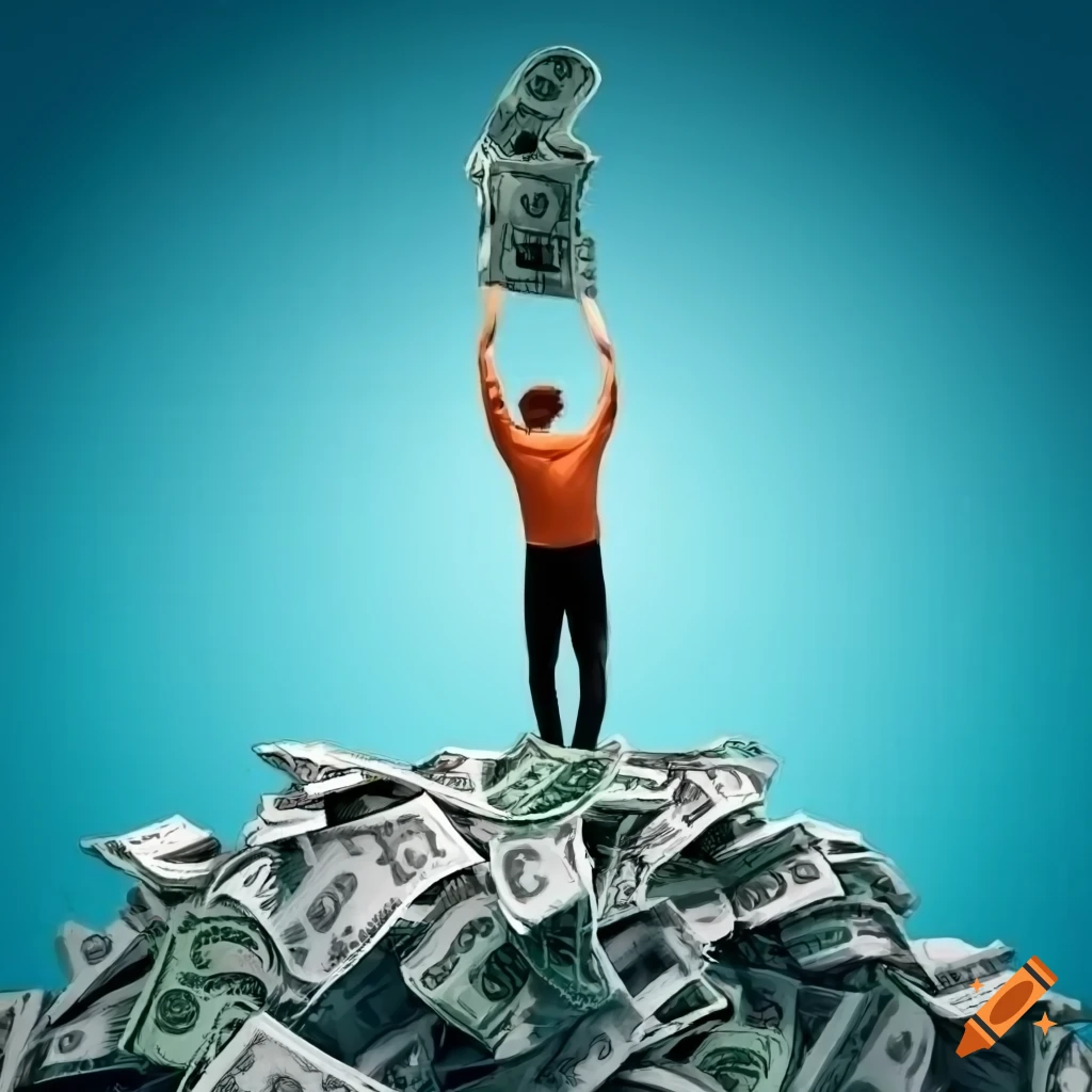 Illustration of a person climbing a mountain of money on Craiyon