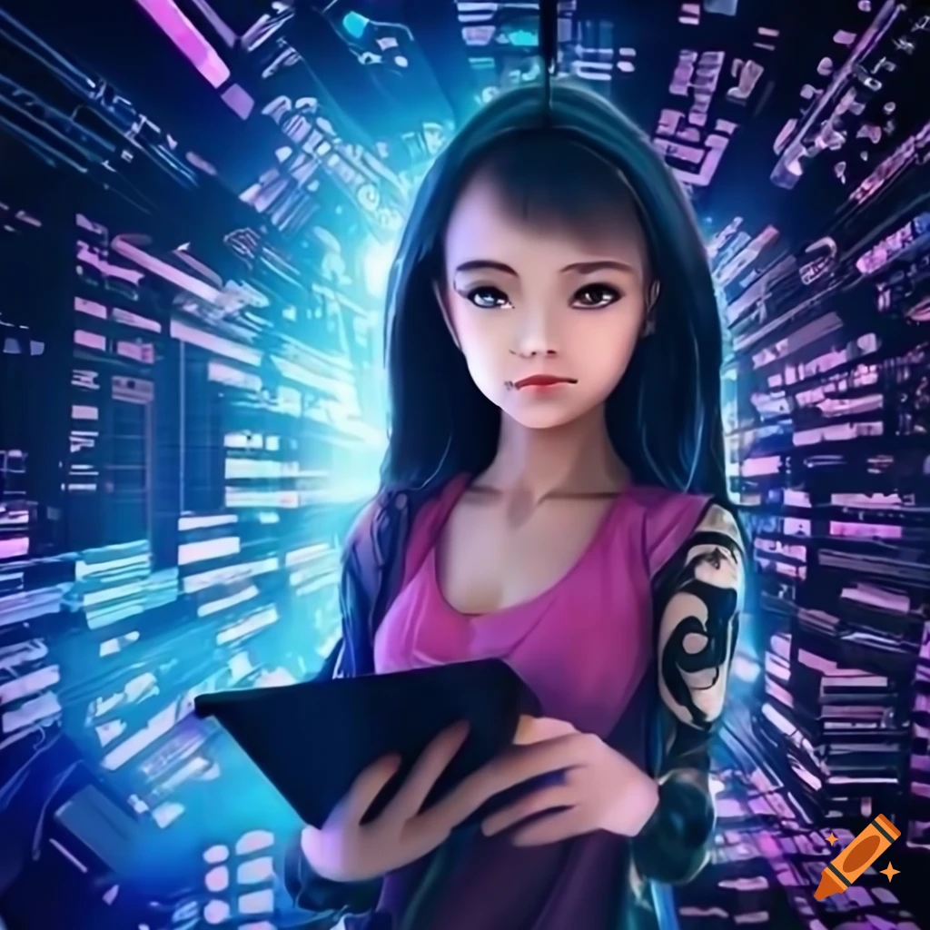 Cute feminine ai girl standing in cyberworld on Craiyon