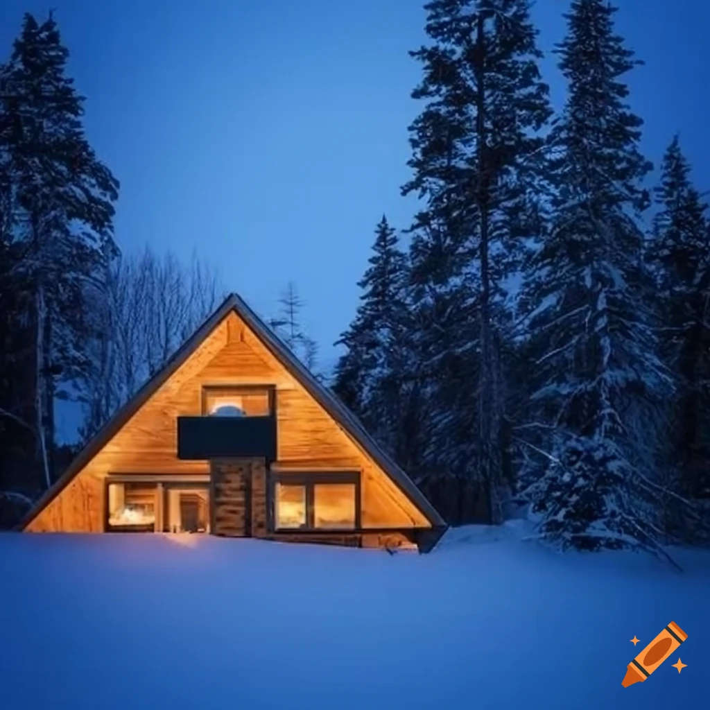 A- frame house on a taiga snowy mountain