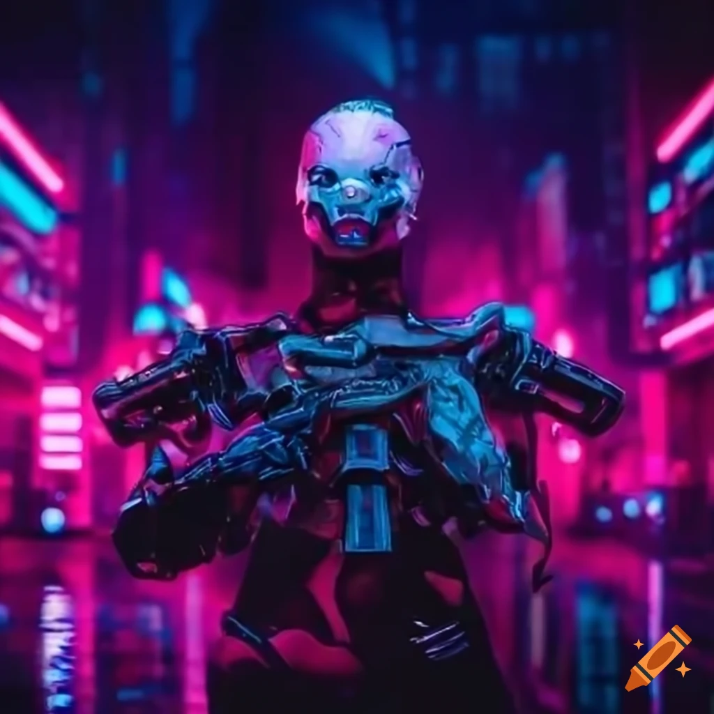Fierce cyborg warrior holding weapons in a neon city on Craiyon