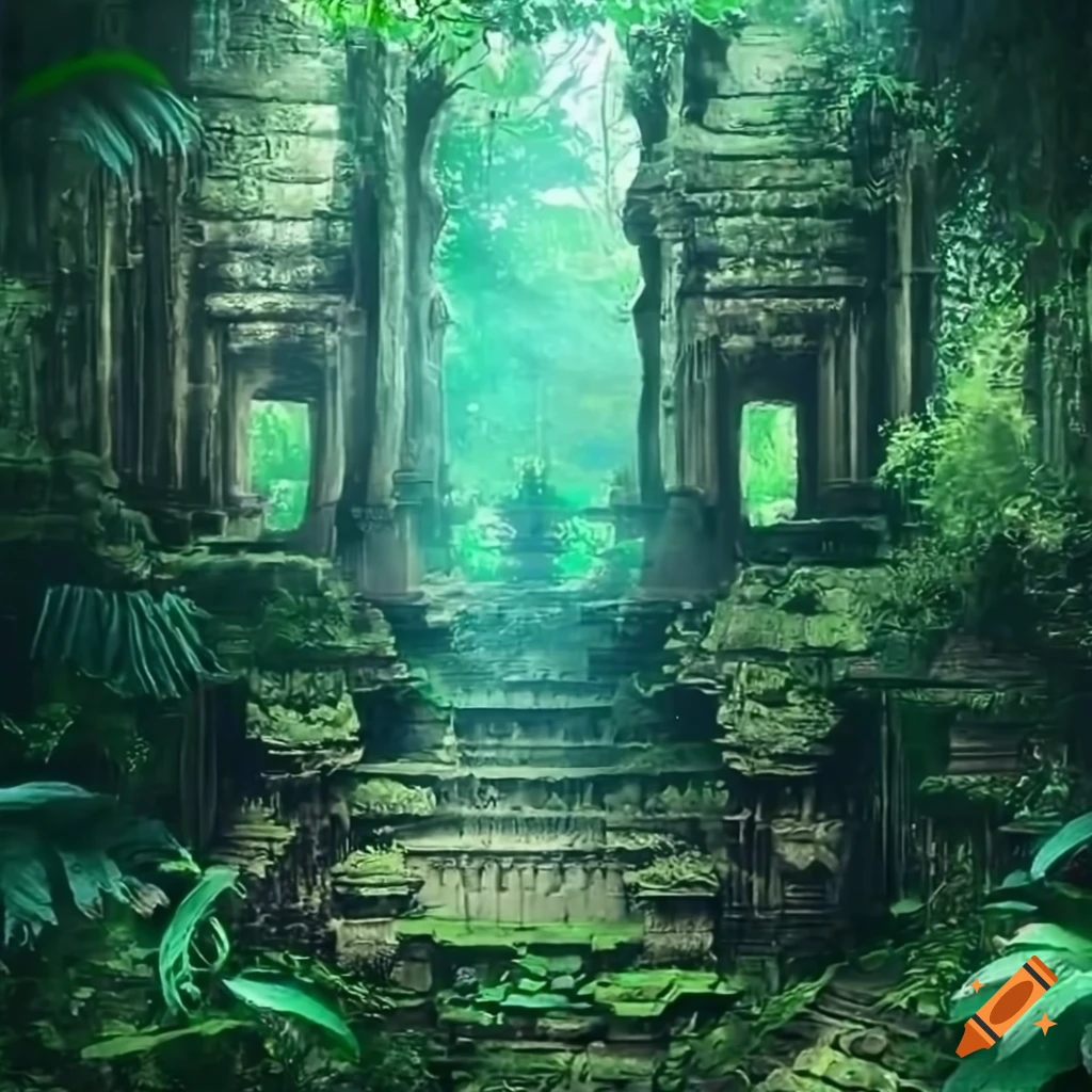 Overgrown temple, jungle, magical, wet