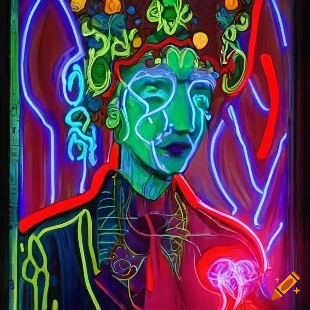 A neon wizard portrait in "art nouveau" style