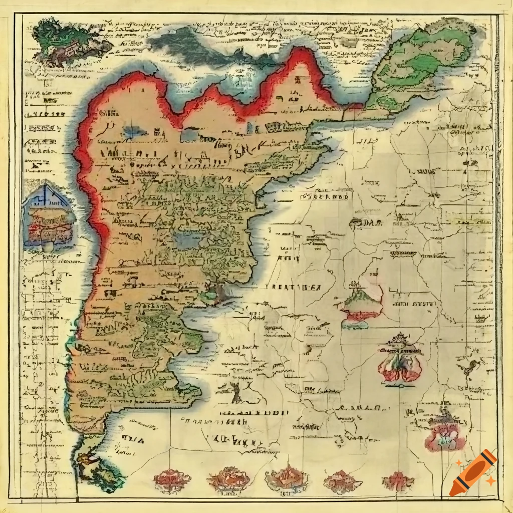 Prompt: Create an image of a map showcasing three kingdoms situated on ...