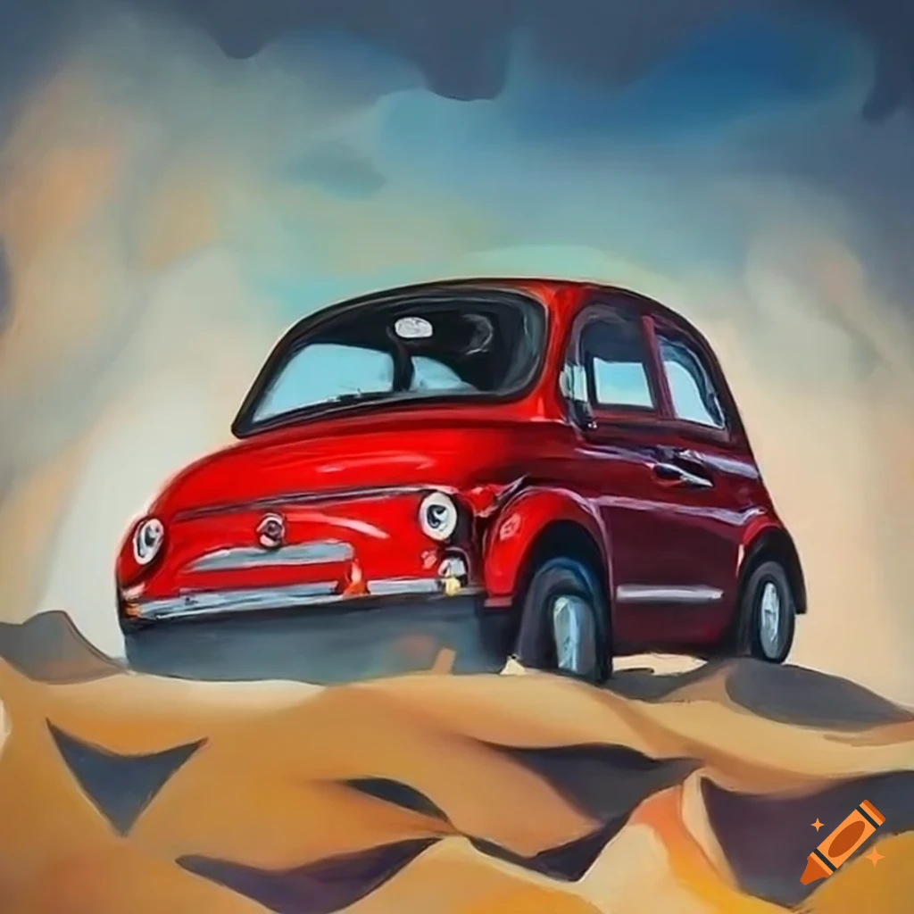 Fiat 500, red, driving off-road in the mountains. pirosmani style ...