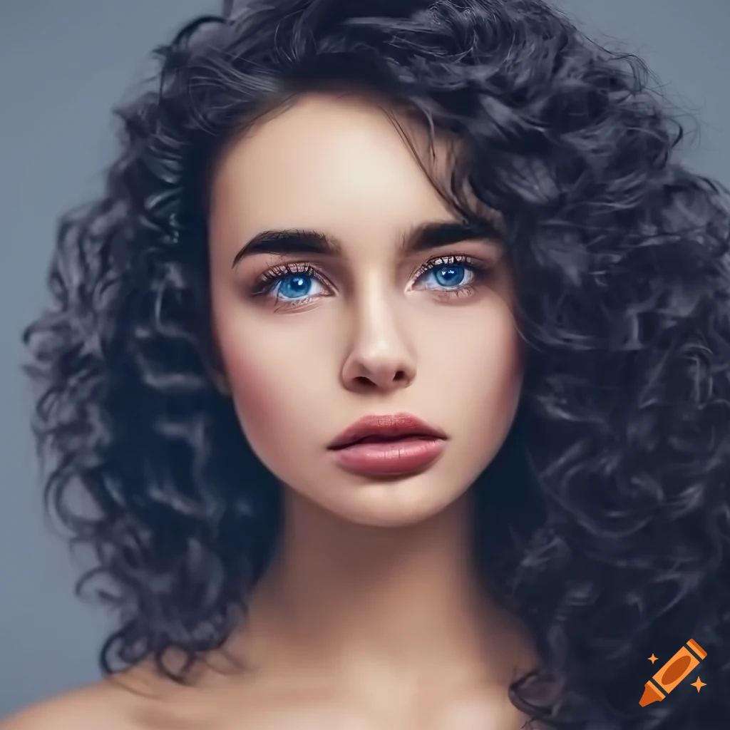 Portrait of a young woman with thick curly long black hair, olive skin ...