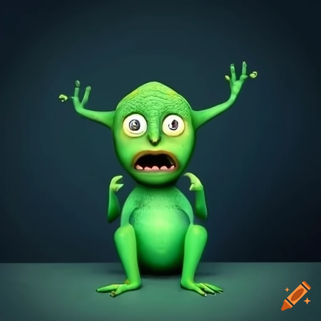 A green creature sitting on a desk looking scared