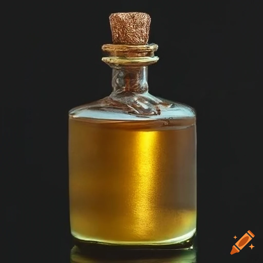An alchemist's potion in a golden flacon on a black background