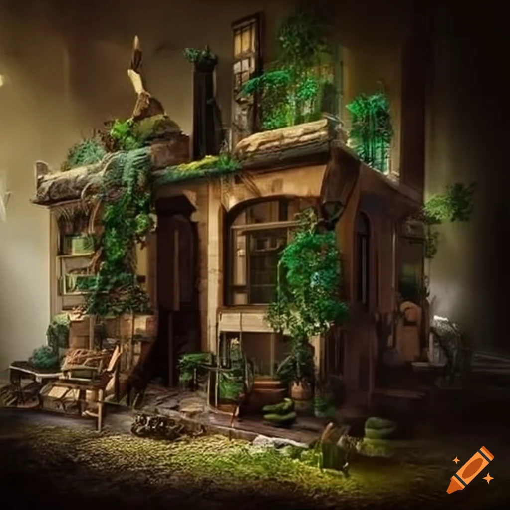 A 2 story house in steampunk style with plants growin the roof on Craiyon