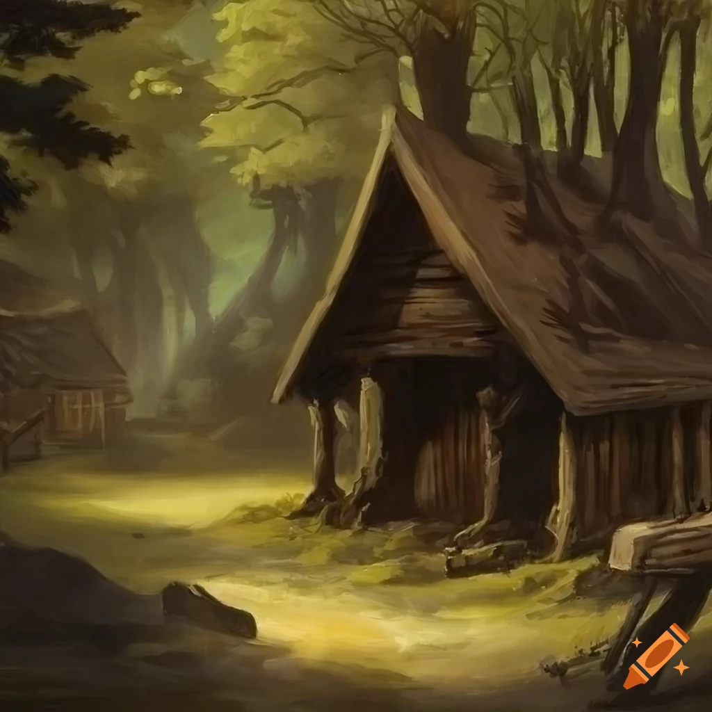 Oil Painting of wooden huts in elven forest in the style of Maksymilian ...