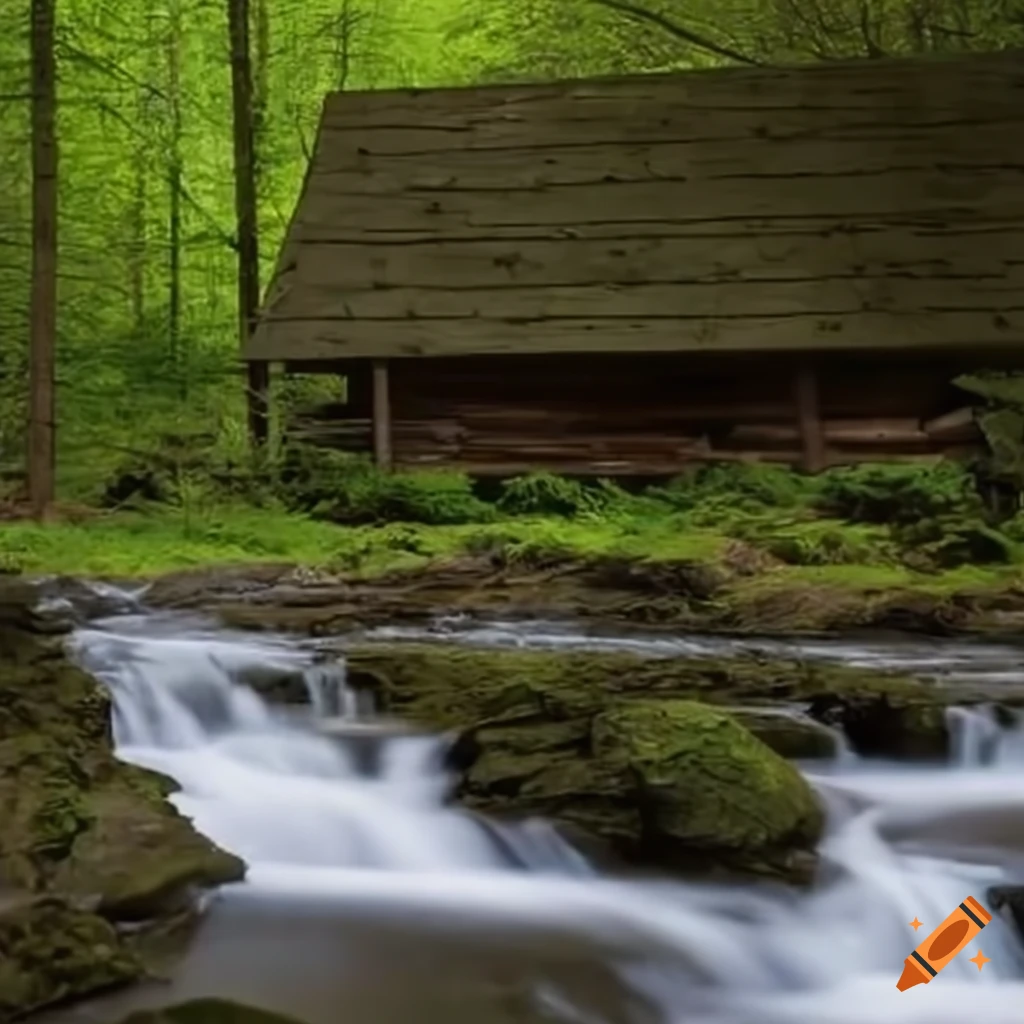 Cabin in the woods by a waterfall on Craiyon