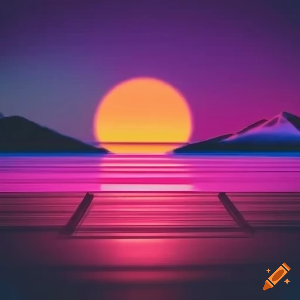Retro synthwave sun over neon beach