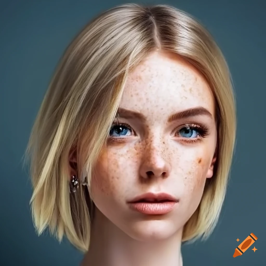 Beautiful young woman shoulder-length blonde hair very light freckles