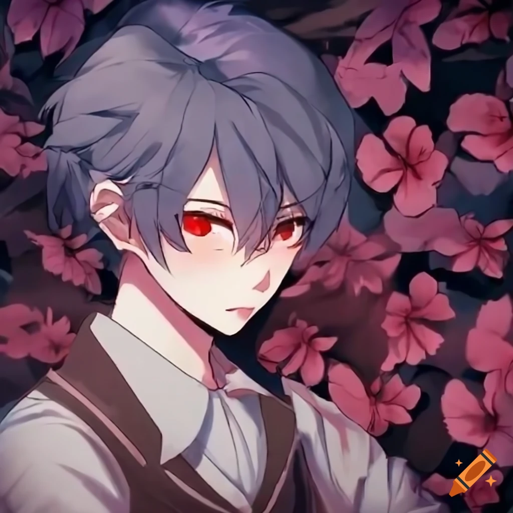 Anime style. a cute boy with ashen hair and red eyes. lying in a ...