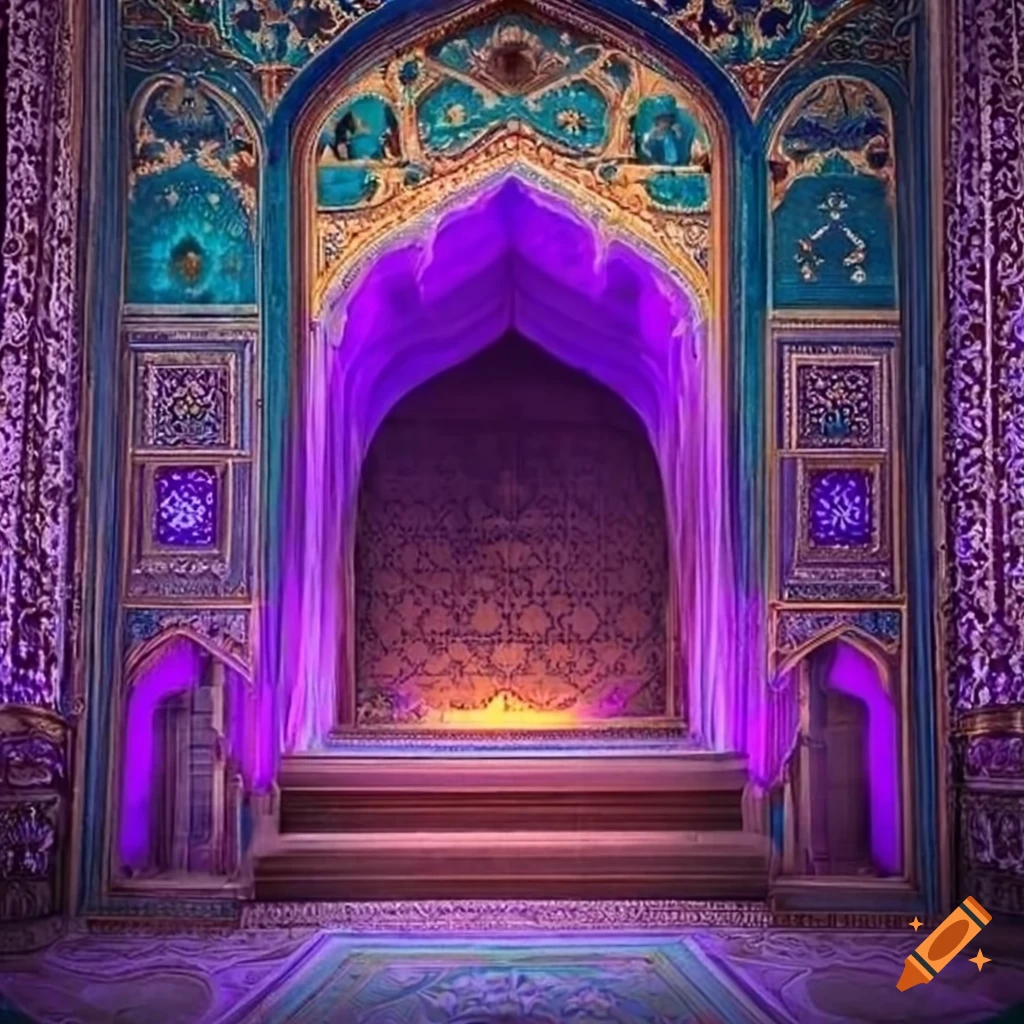 Majestic indian Mihrab glowing with torquoise and violet hue on Craiyon