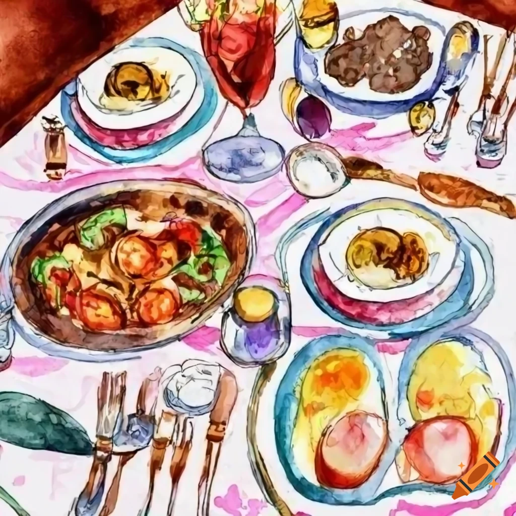 Illustration of a table filled with luxurious meals on Craiyon