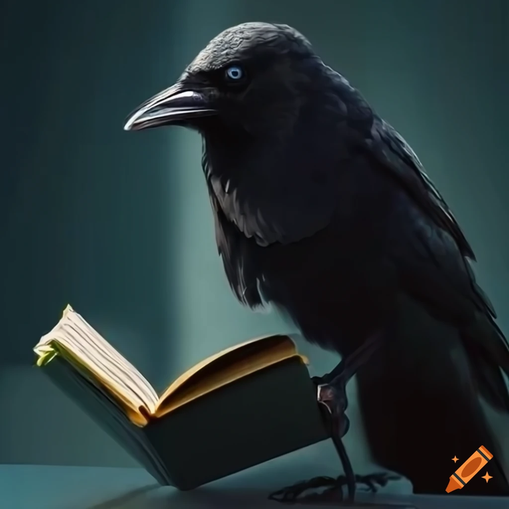 A crow with glasses, reading a book in a library on Craiyon