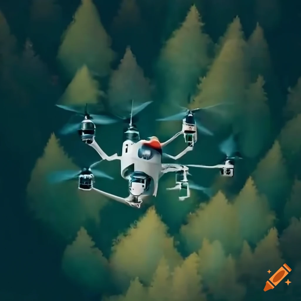 Two men inside of a flying drone talking and looking down at the forest ...