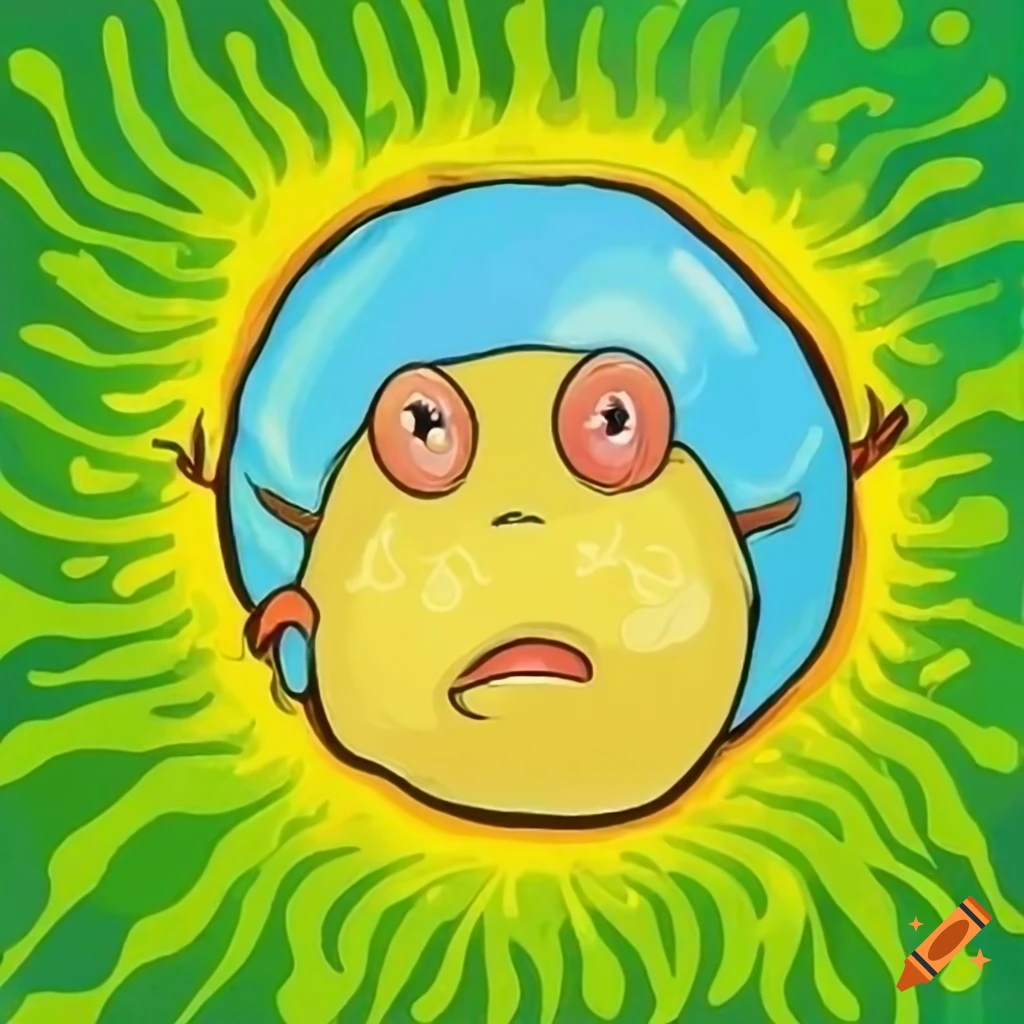 Cartoon of a happy chloroplast basking under the sun on Craiyon