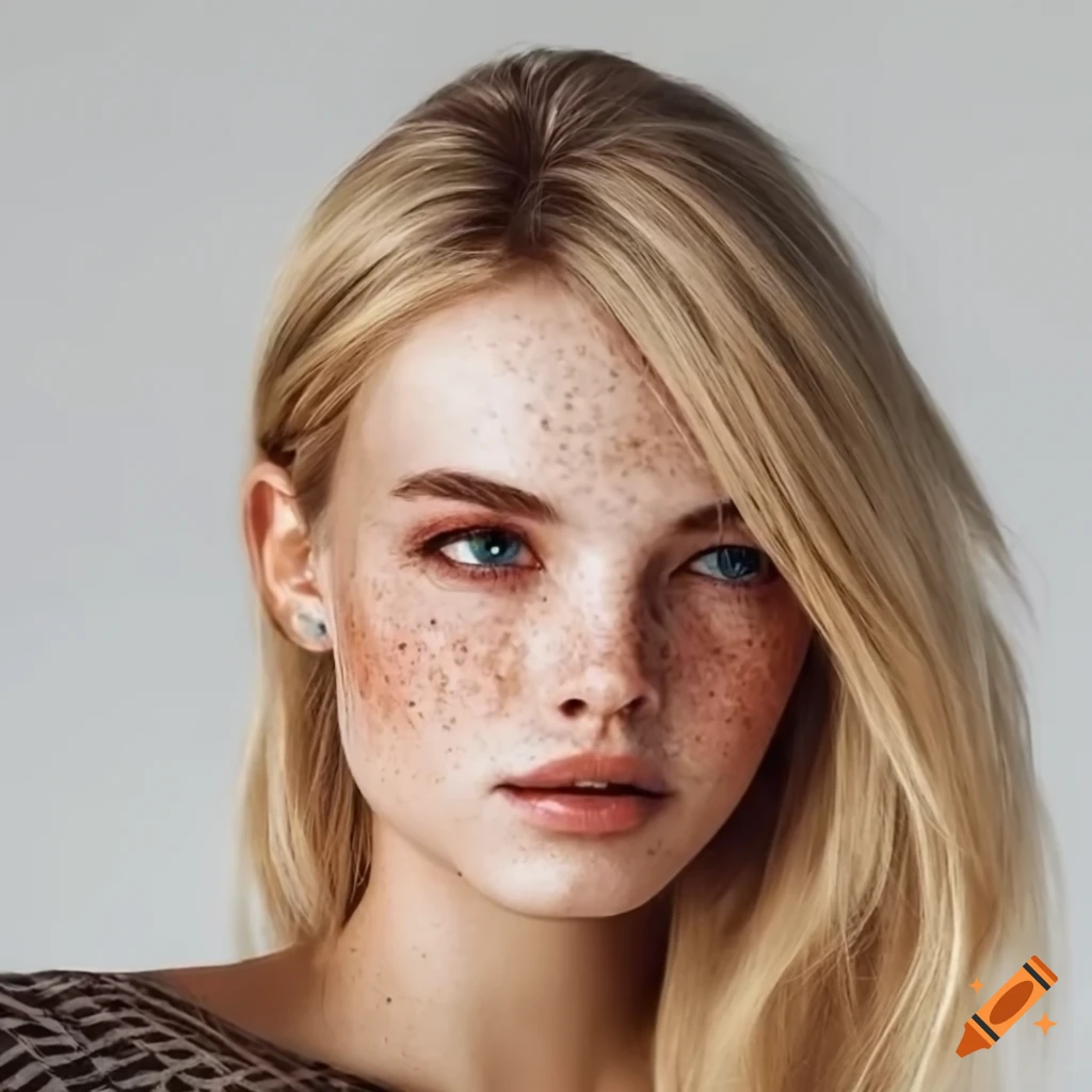 Beautiful young woman shoulder-length blonde hair very light freckles on Craiyon