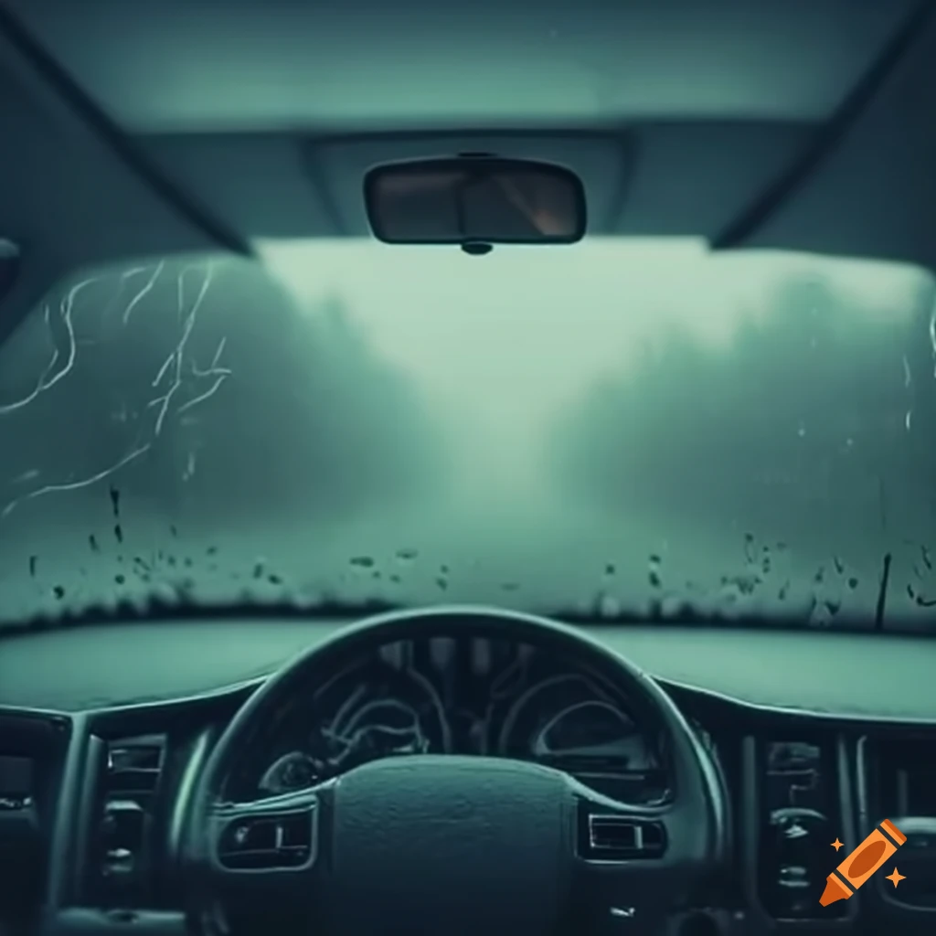 INSIDE A CAR LOOKING OUT, FOG, RAIN on Craiyon