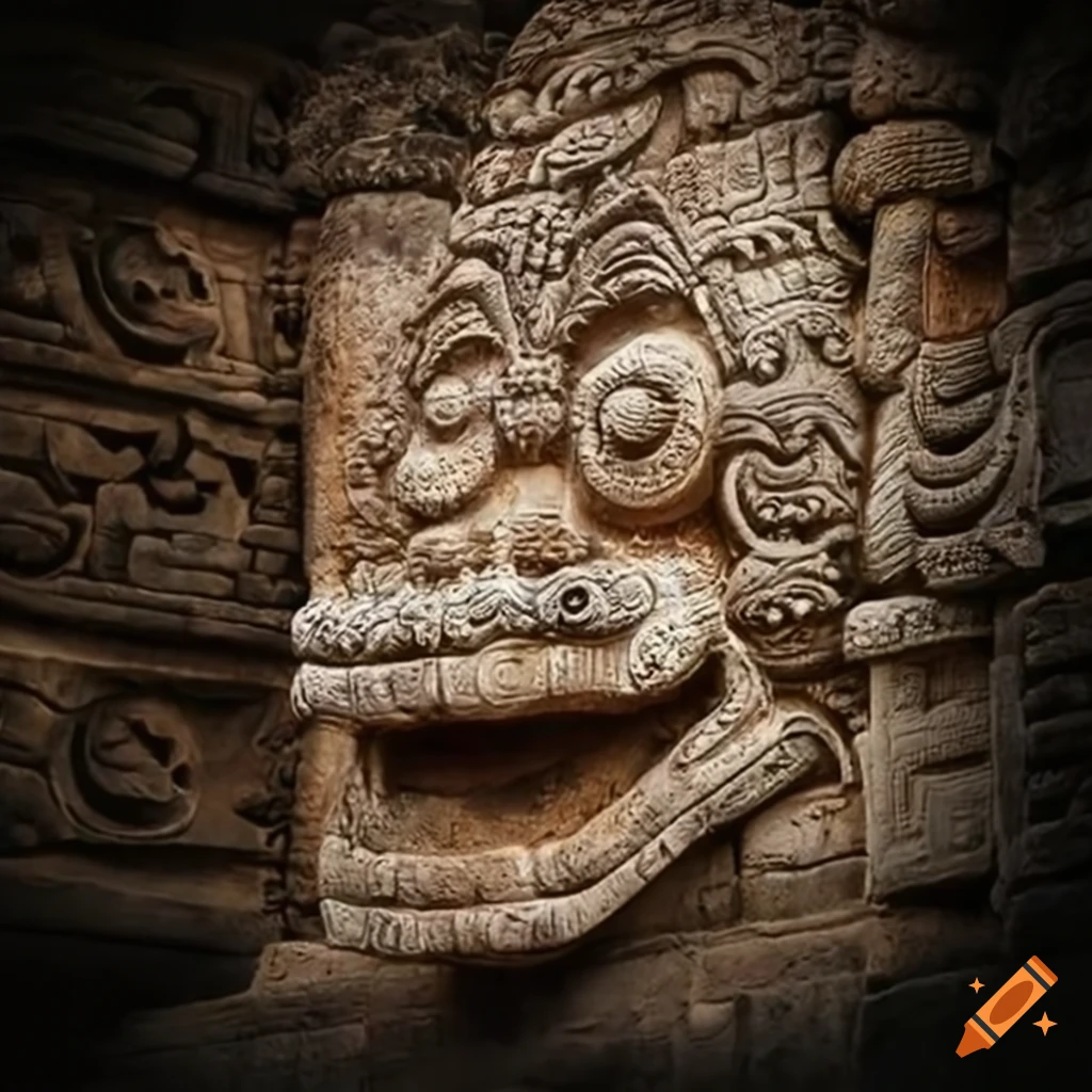 Carvings of mythical lizard-beings on ancient mayan temple walls