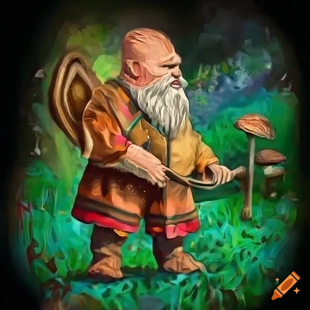 Close up of dwarf farmer wearing a baja jacket posing with a bronze ...