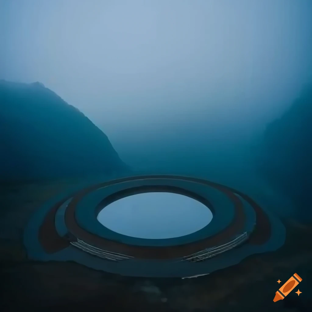 A giant metallic ring-shaped building in a misty landscape surrounded ...