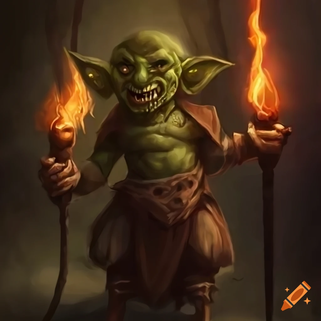 Fantasy art style, a goblin holds a torch
