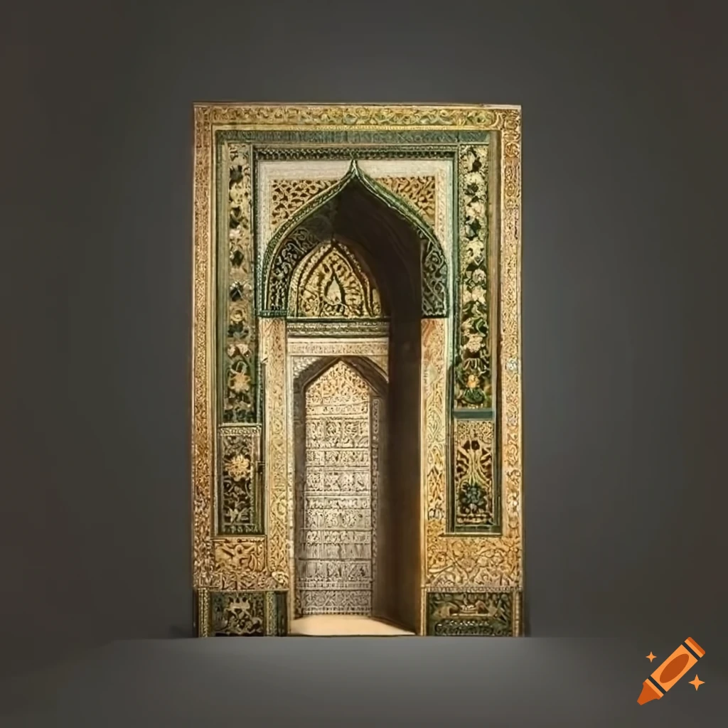 A megestic mihrab standing in dark surrounding immiting torquoise ...