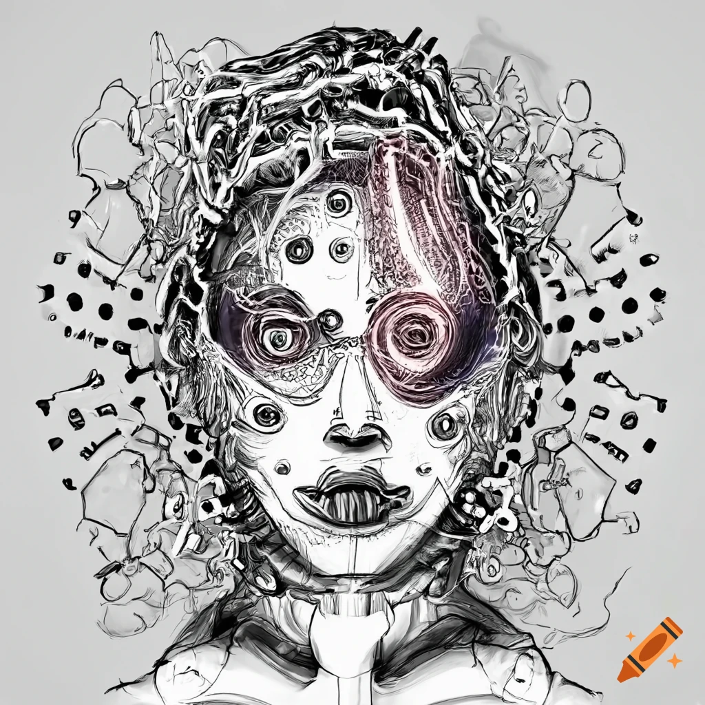 Create a black and white line ink styled illustration of a female ...