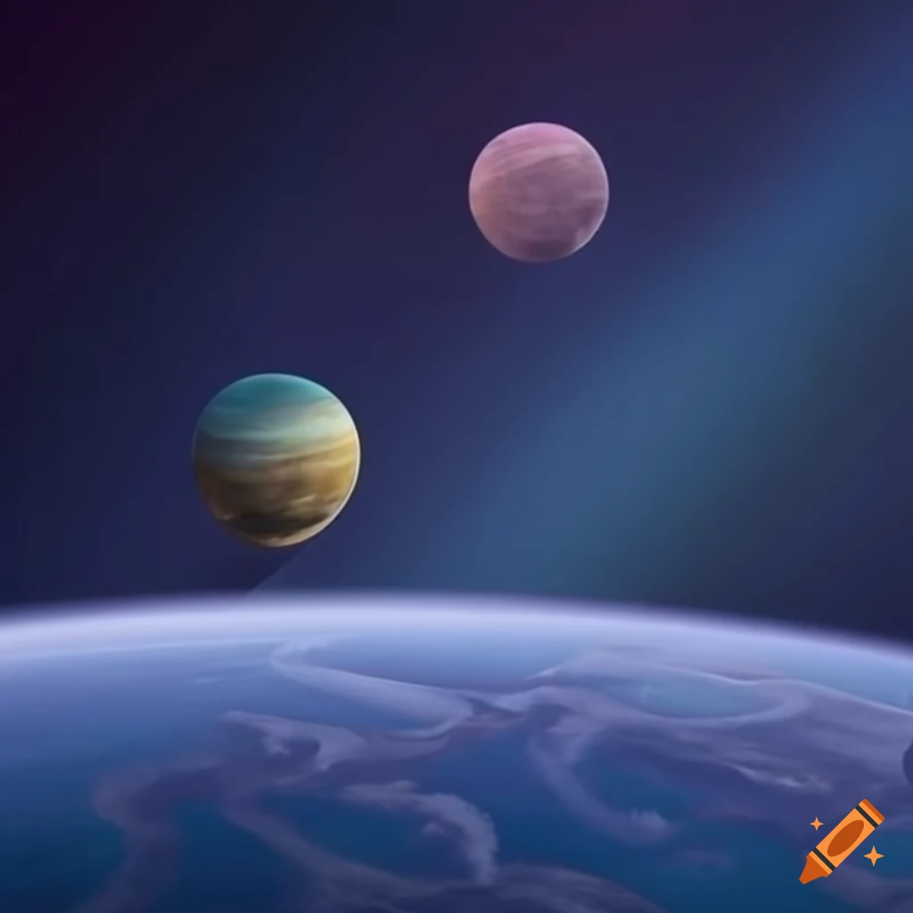 A luxury resort in space with planets and pastel colors