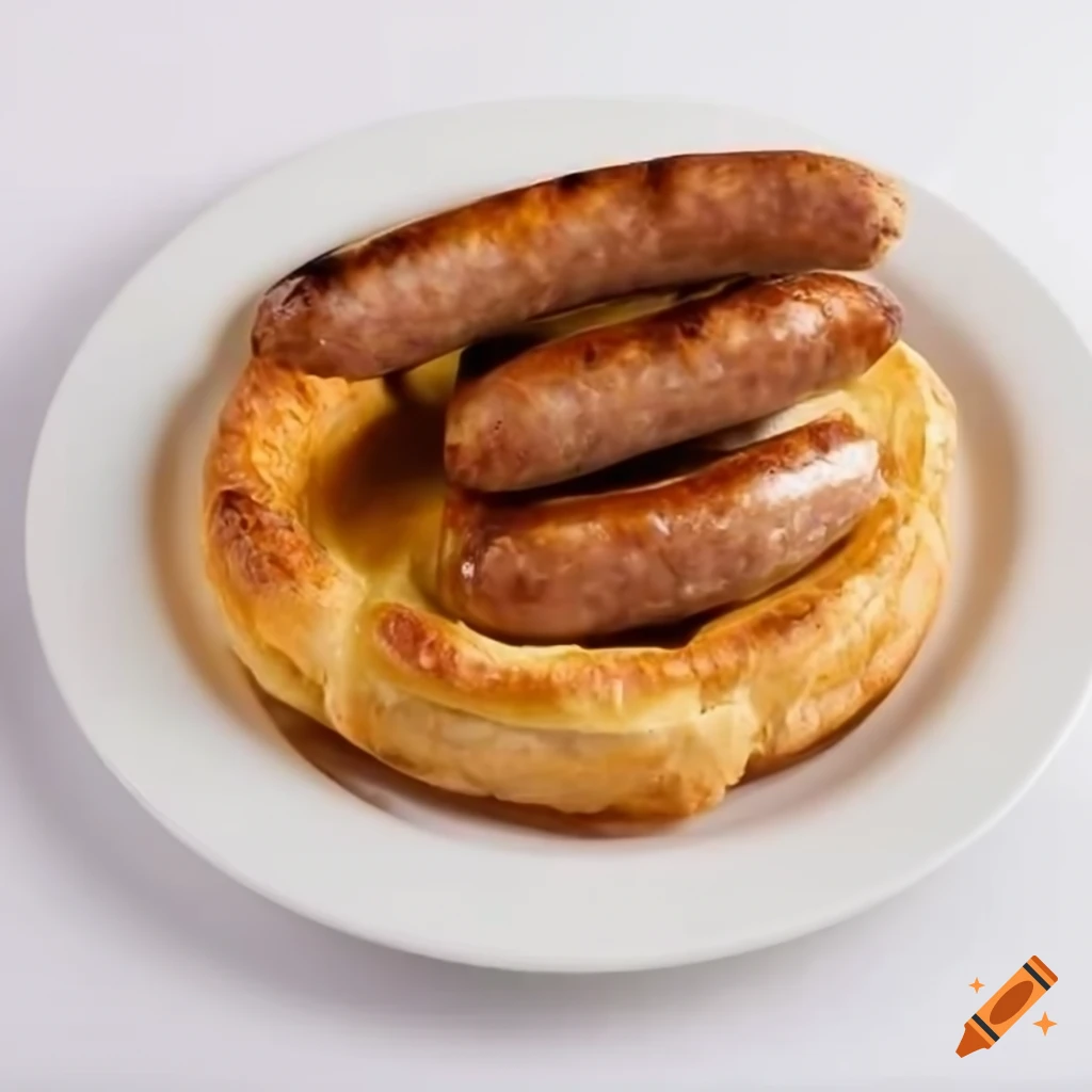 Sausage in yorkshire pudding on a white plate on a white background on ...