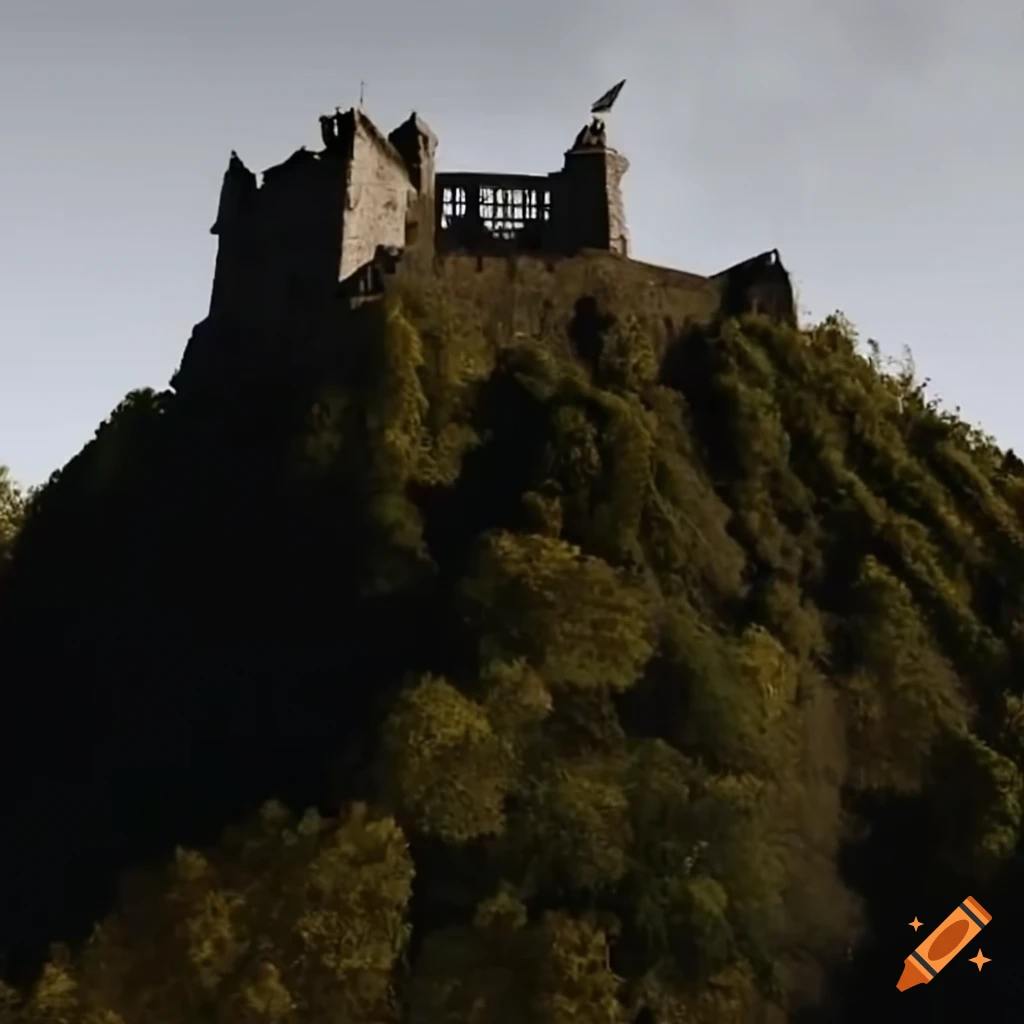 A medieval castle with a tall tower on top of a mountain parting a river