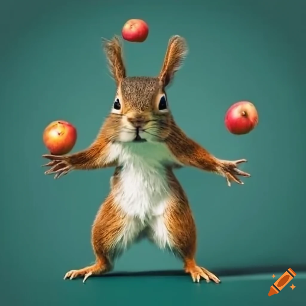 Squirrel juggling with apples, on a tennis court, surrounded by rabbits ...