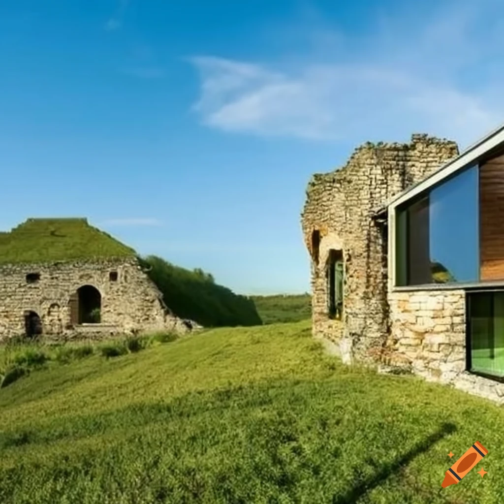 Modern glass house with green roof in ancient castle ruins on Craiyon