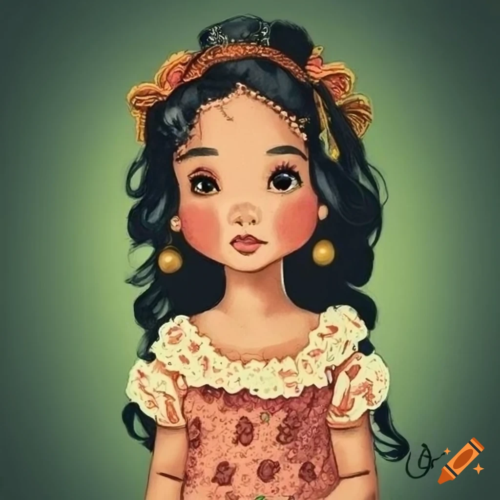 Black wavy hair, tan-skinned filipina girl drawn in vintage mango ...