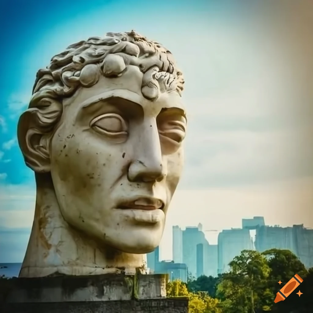 Colossal statue of head in a park