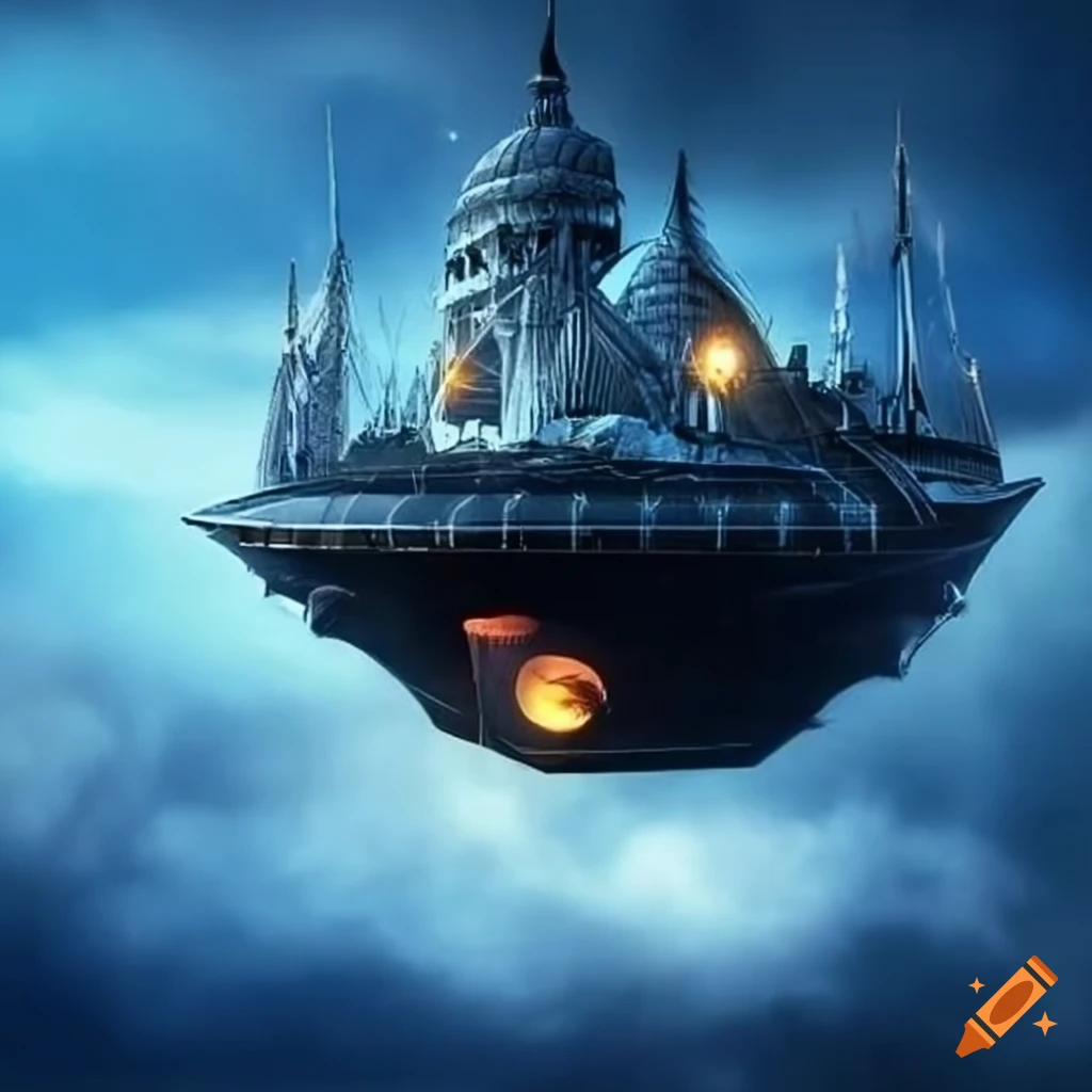 Flying hovering interior ship fantasy sky clouds building levitating ...