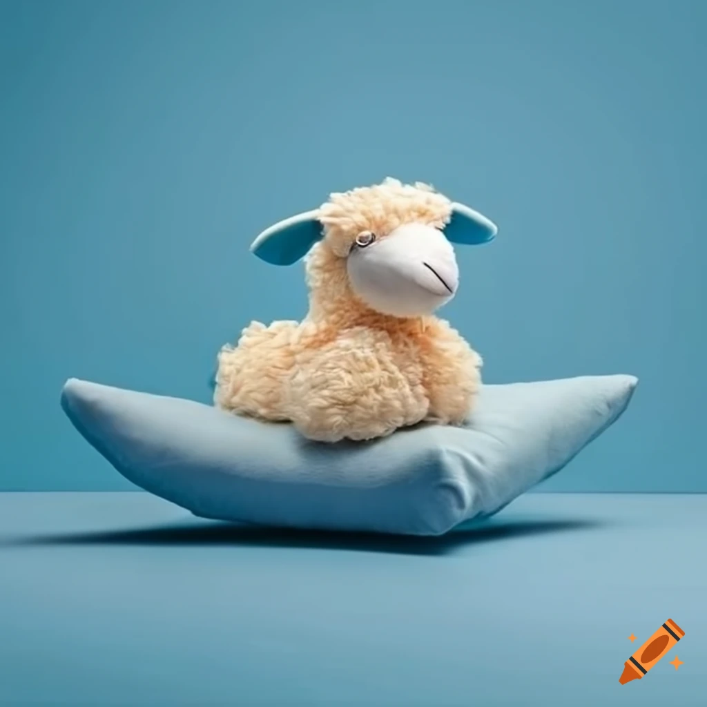 Stuffed sheep on top of pillow in a blue background on Craiyon