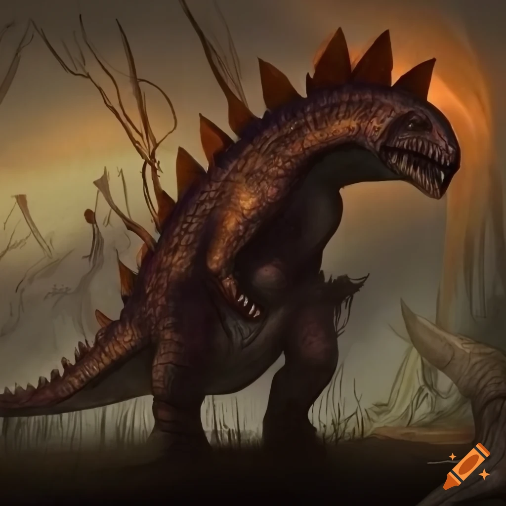 Fantastical creature, humanoid stegosaurus with spiked tail and scale ...