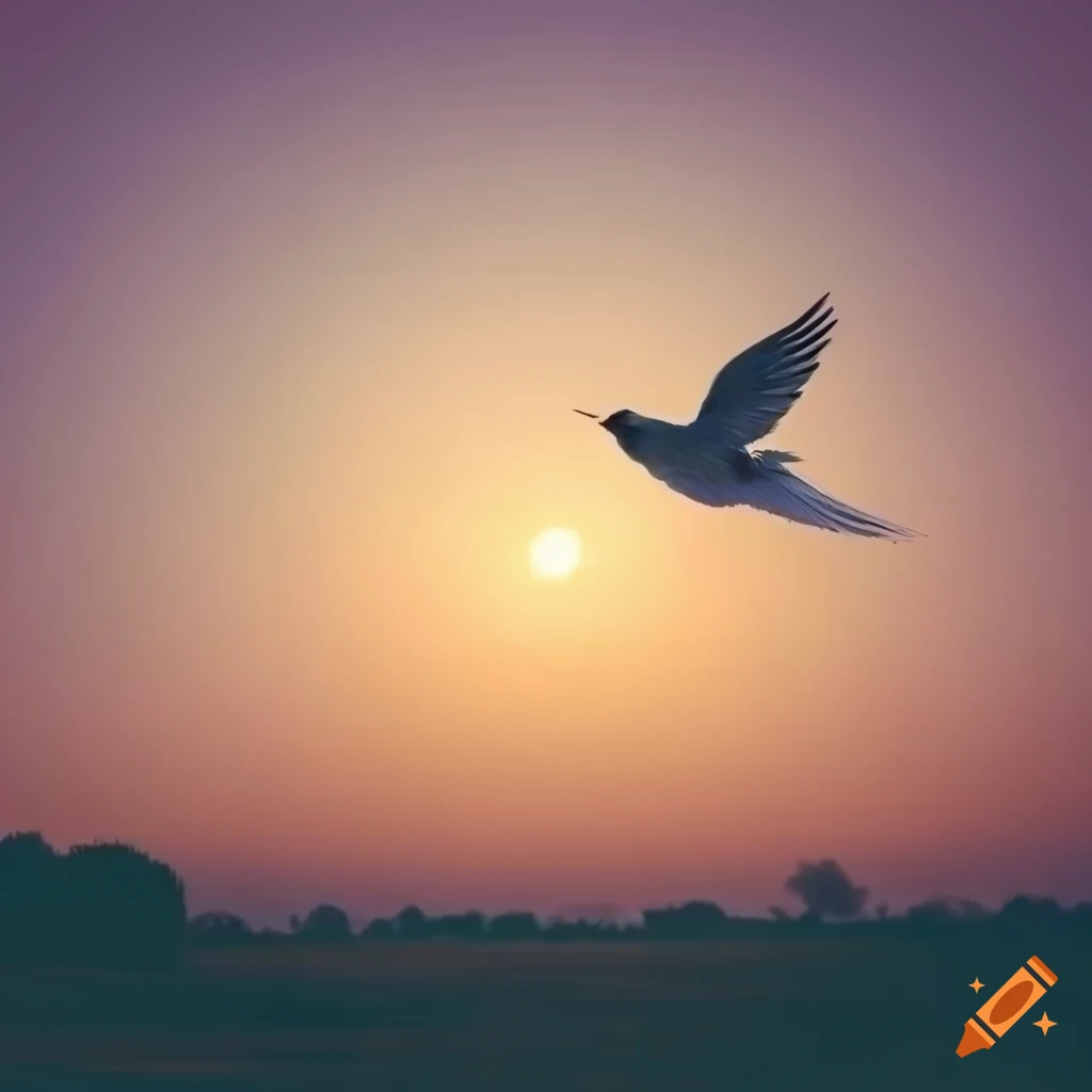 Flying dove over field at dawn with trees in the background